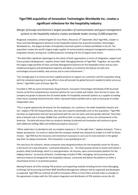 TigerTMS acquisition of Innovation Technologies Worldwide Inc ...