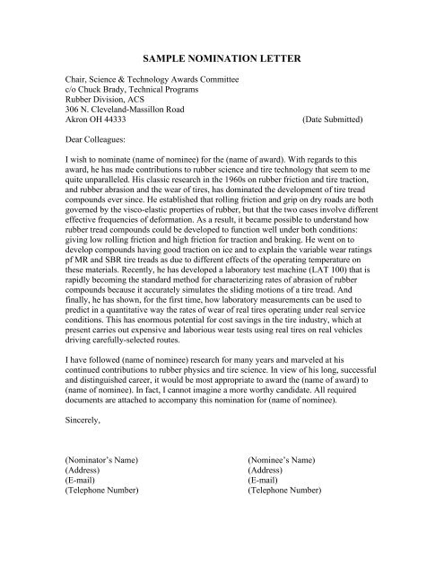 Sample S&T Awards Nomination Letter