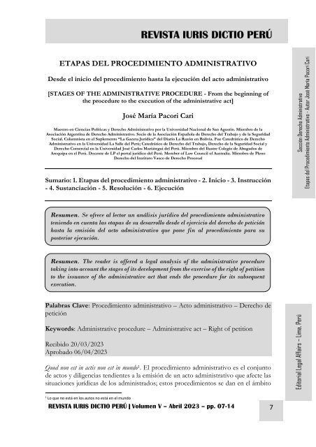 ETAPAS DEL PROCEDIMIENTO ADMINISTRATIVO - AUTOR JOSÉ MARÍA PACORI CARI