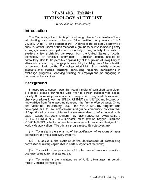 9 FAM 40.31 Exhibit I TECHNOLOGY ALERT LIST