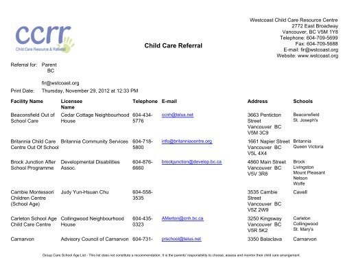 Child Care Referral - Westcoast Child Care Resource Centre