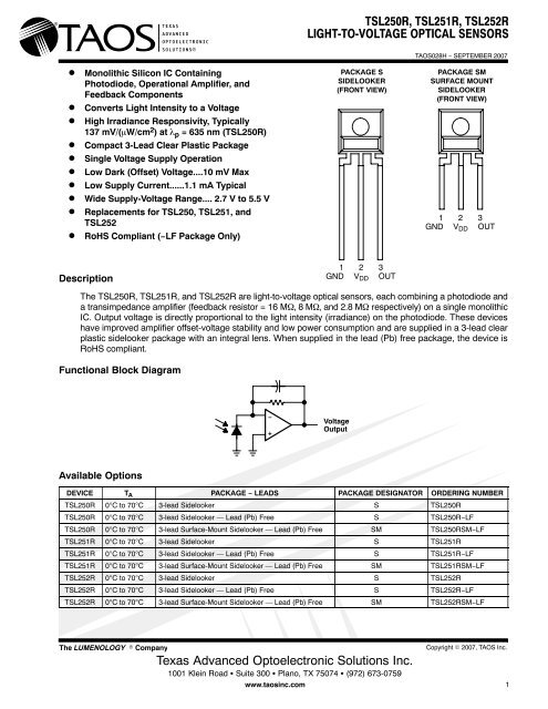 TSL250R, TSL251R, and TSL252R are light-to-voltage optical ... - ams