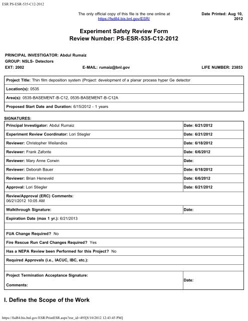 Experiment Safety Review Form Review Number: PS-ESR-535-C12 ...