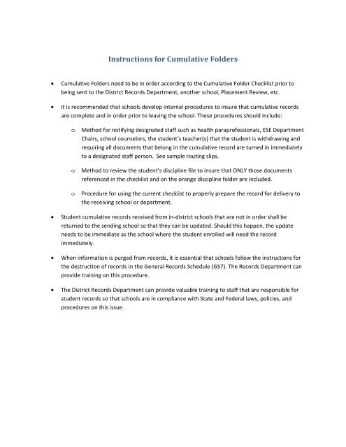 Instructions for Cumulative Folders - St. Lucie County School District