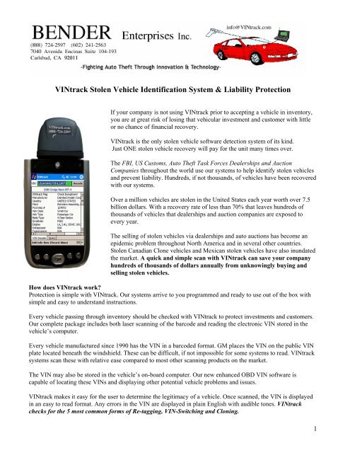 VINtrack Stolen Vehicle Identification System & Liability Protection