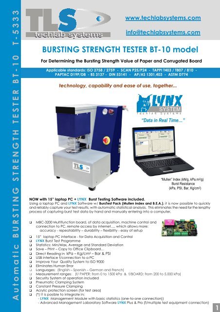 BURSTING STRENGTH TESTER BT-10 model A u to m a tic ...