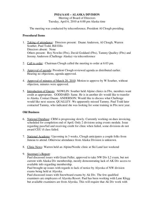 PSIA/AASI – ALASKA DIVISION Meeting of Board of Directors ...