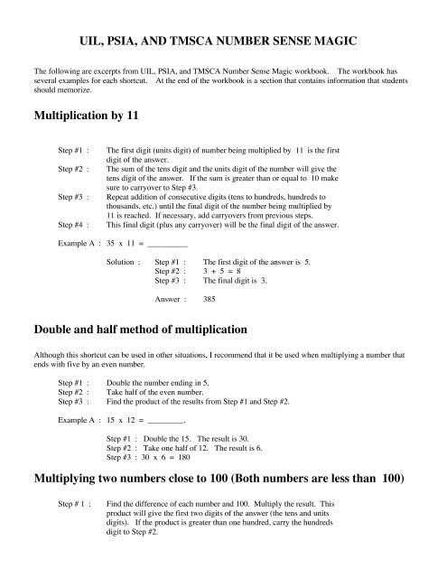 UIL, PSIA, and TMSCA Number Sense Workbook - Ram Materials
