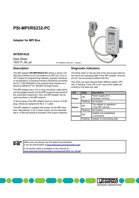 Data Sheet DB EN PSI-MPI/RS232-PC - Phoenix Contact