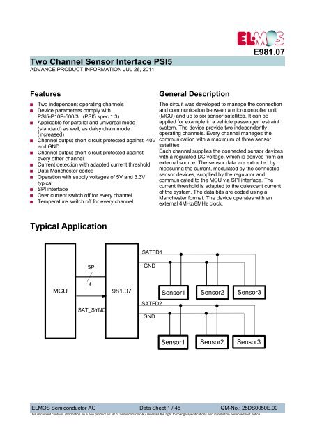 E981.07 Two Channel Sensor Interface PSI5 Typical Application