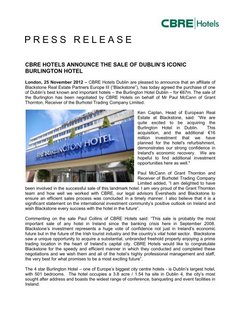 CBRE Hotels Announces the Sale of Dublin's Iconic