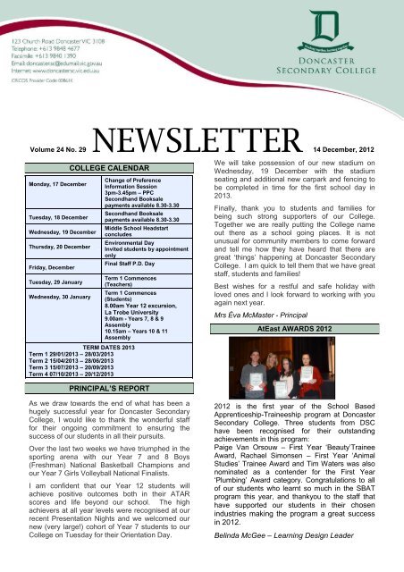 Newsletter - Doncaster Secondary College