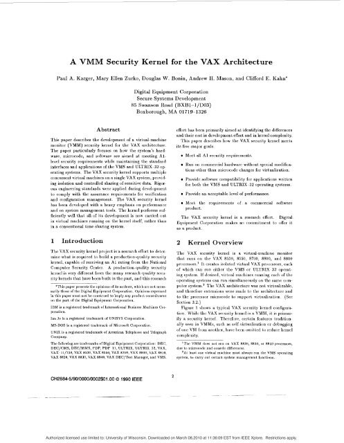 A VMM security kernel for the VAX architecture - Computer Sciences ...