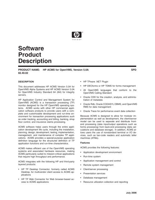 Software Product Description - OpenVMS Systems - HP