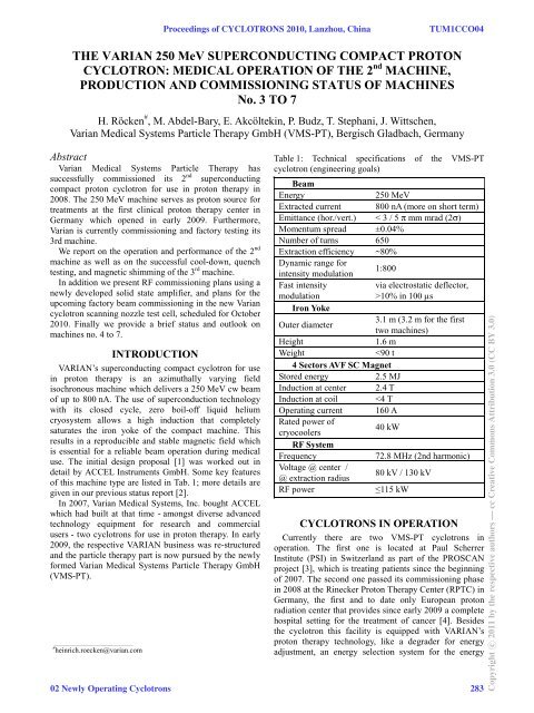 The VARIAN 250 MeV Superconducting Compact Proton Cyclotron ...