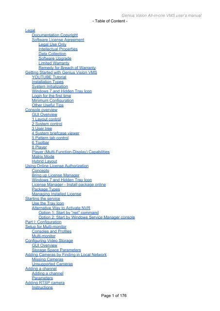 Genius Vision All-in-one VMS user's manual - Table of Content ...