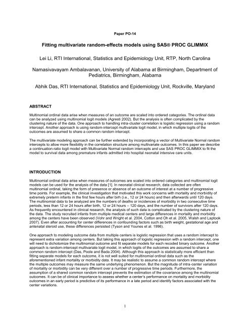 Fitting Multivariate Random Effects Models Using Sas® Proc