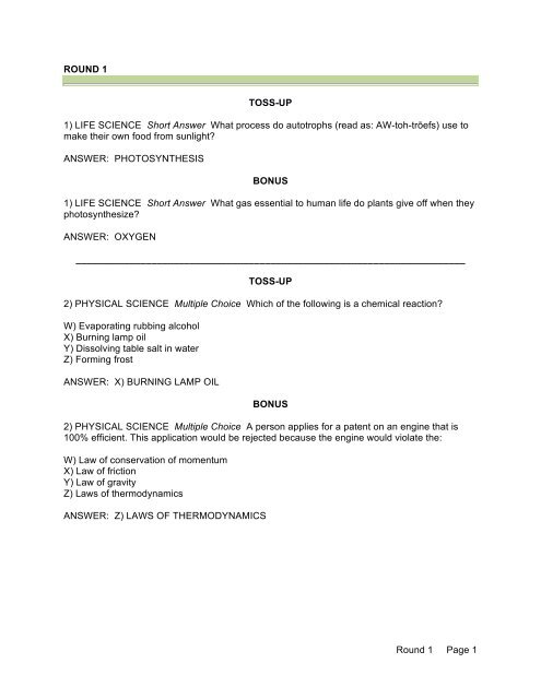 Round 1 Page 1 ROUND 1 TOSS-UP 1) LIFE SCIENCE Short ...
