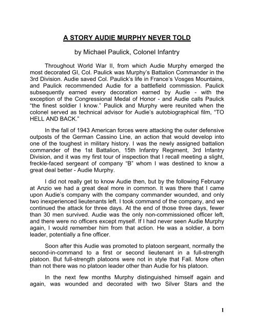 A STORY AUDIE MURPHY NEVER TOLD by Michael Paulick ...