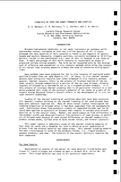 Pyrolysis of Utah Tar Sands-Products and Kinetics