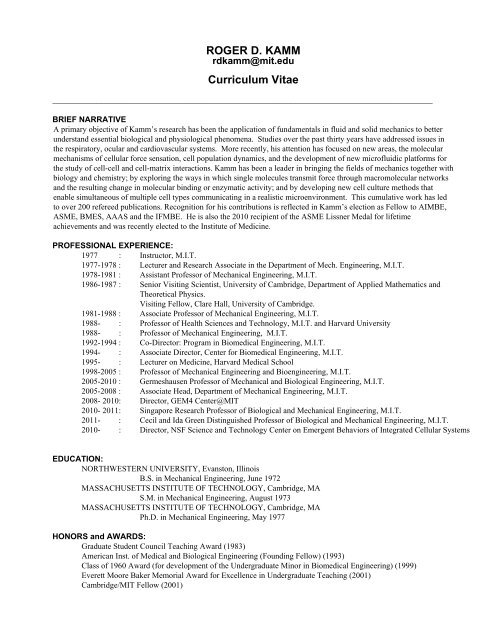 ROGER D. KAMM Curriculum Vitae - MIT Department of Mechanical ... ROGER D. KAMM Curriculum Vitae - MIT Department of Mechanical ...