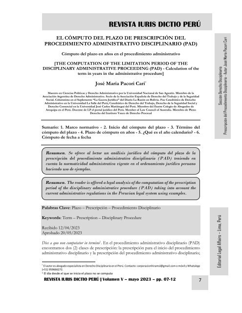 LA PRESCRIPCIÓN DEL PROCEDIMIENTO ADMINISTRATIVO DISCIPLINARIO - AUTOR JOSÉ MARÍA PACORI CARI