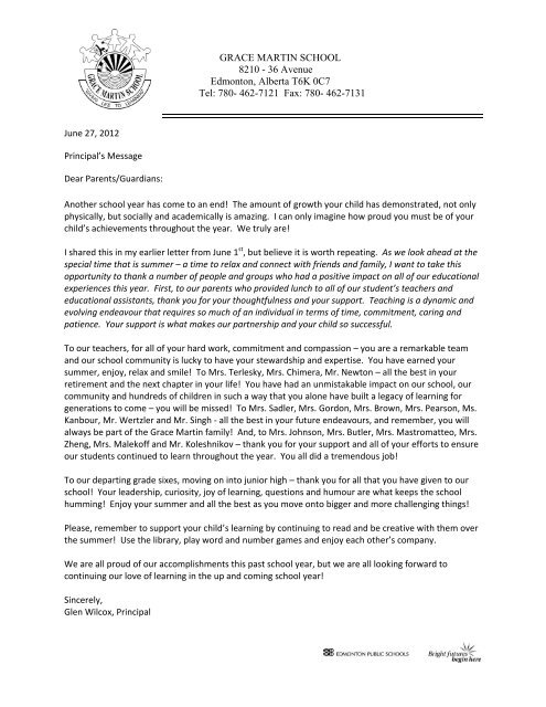 Principal's End of Year Message - June 2012 - Grace Martin School