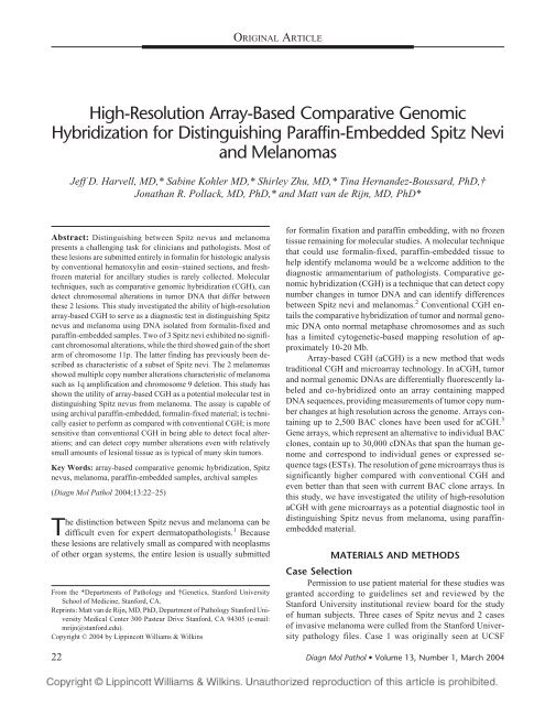 High-Resolution Array-Based Comparative Genomic Hybridization for High-Resolution Array-Based Comparative Genomic Hybridization for