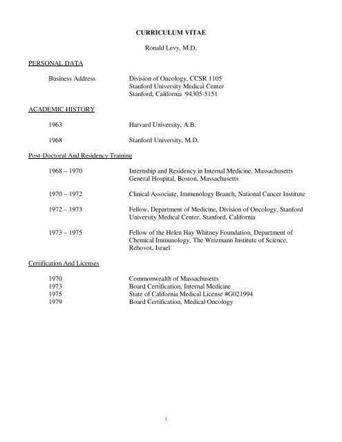 CURRICULUM VITAE Ronald Levy, M.D. PERSONAL DATA ...