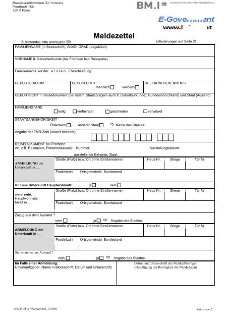 Meldezettel - Immobilienzentrale