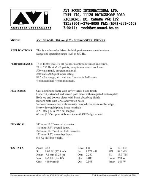 Specifications - AVI Sound International