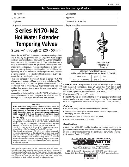 Series N170-M2 Hot Water Extender Tempering ... - Watts Industries Series N170-M2 Hot Water Extender Tempering ... - Watts Industries