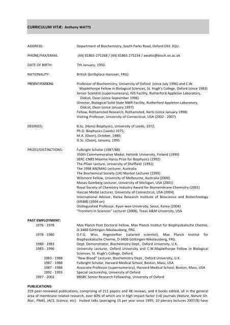 CURRICULUM VITÆ: Anthony WATTS - Department of Biochemistry ...