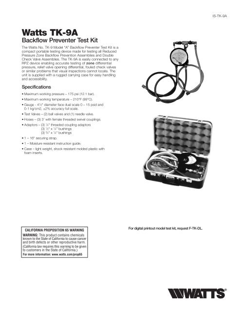 Watts TK-9A Backflow Preventer Test Kit