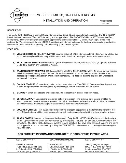 Available options for the ESCO TSC-1005 intercom - ESCO Services ...