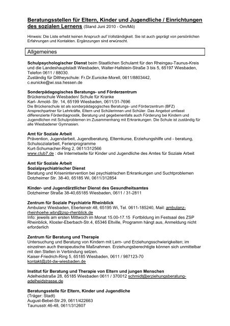 Beratungsstellen für Eltern, Kinder und Jugendliche / Einrichtungen ... Beratungsstellen für Eltern, Kinder und Jugendliche / Einrichtungen ...