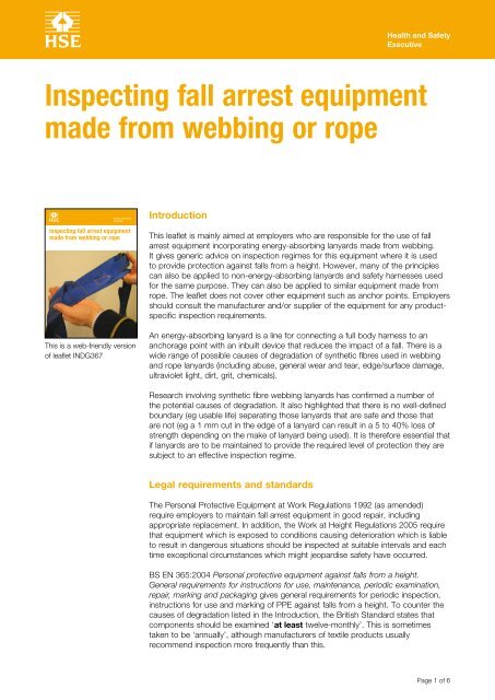 INDG367 - Inspecting fall arrest equipment made from webbing or ...