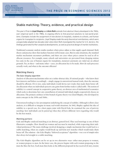 Stable matching: Theory, evidence, and practical design