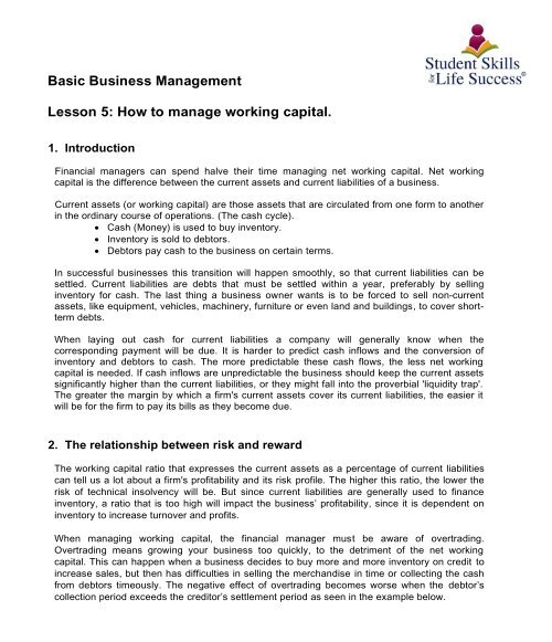 Basic Business Management. Lesson 5. How to manage working capital.