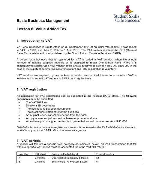 Basic Business Management. Lesson 6. Value Added Tax.