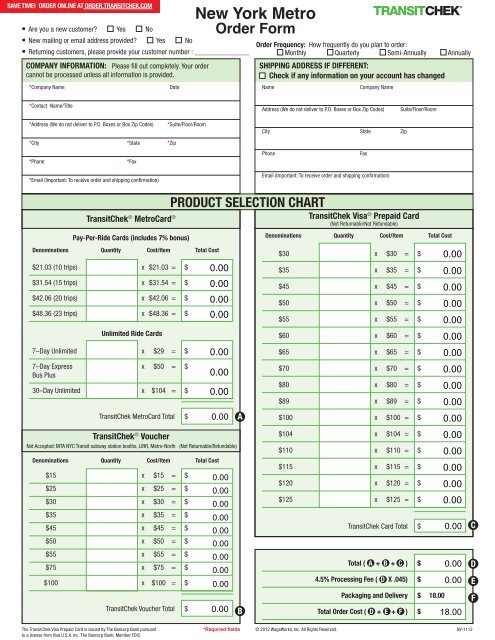 New York Metro - Order Form - TransitChek