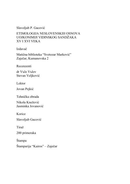 Slavoljub Gacović Etimologija Neslovenskih Osnova u Ojkonimiji ...