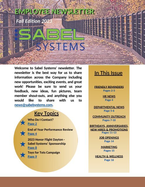 SABEL SYSTEM EMPLOYEE NEWSLETTER - Fall Edition 2023