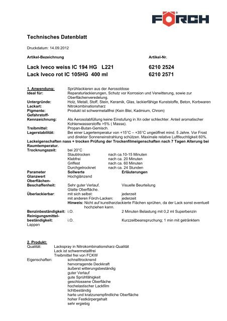 Technisches Datenblatt Lack Iveco weiss IC 194 HG L221 ... - Förch