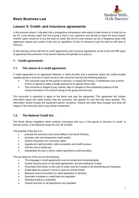 Basic Business Law. Lesson 6. Credit- and insurance agreements