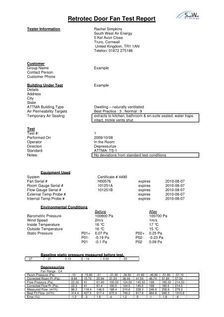 Retrotec Door Fan Test Report - South West Air Energy