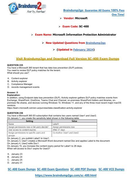 [Feb-2024]New Braindump2go SC-400 PDF and SC-400 VCE Dumps(235-256)