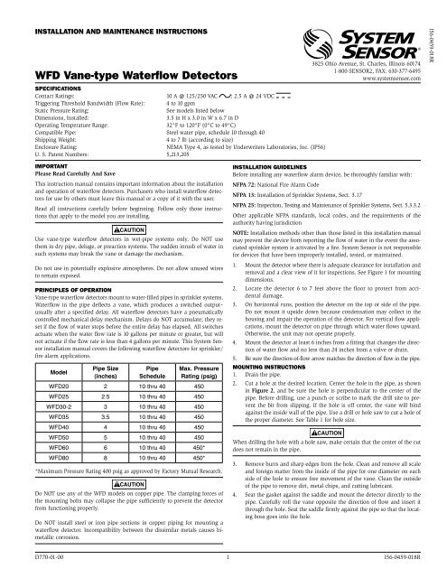 WFD Vane-type Waterflow Detectors - System Sensor