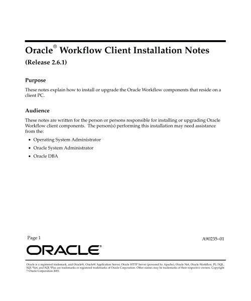 Oracle Workflow Client Installation Notes, Release 2.6.1