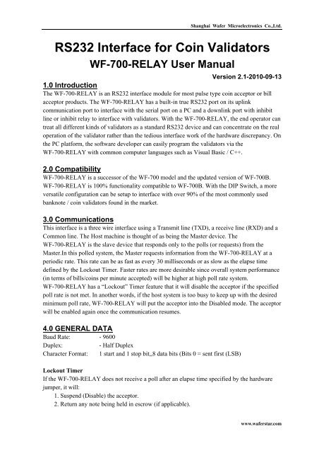 RS232 Interface for Coin Validators WF-700-RELAY User Manual
